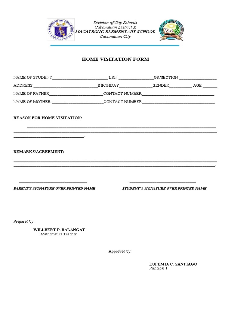 hOME VISITATION FORM | PDF | School Types | Schools