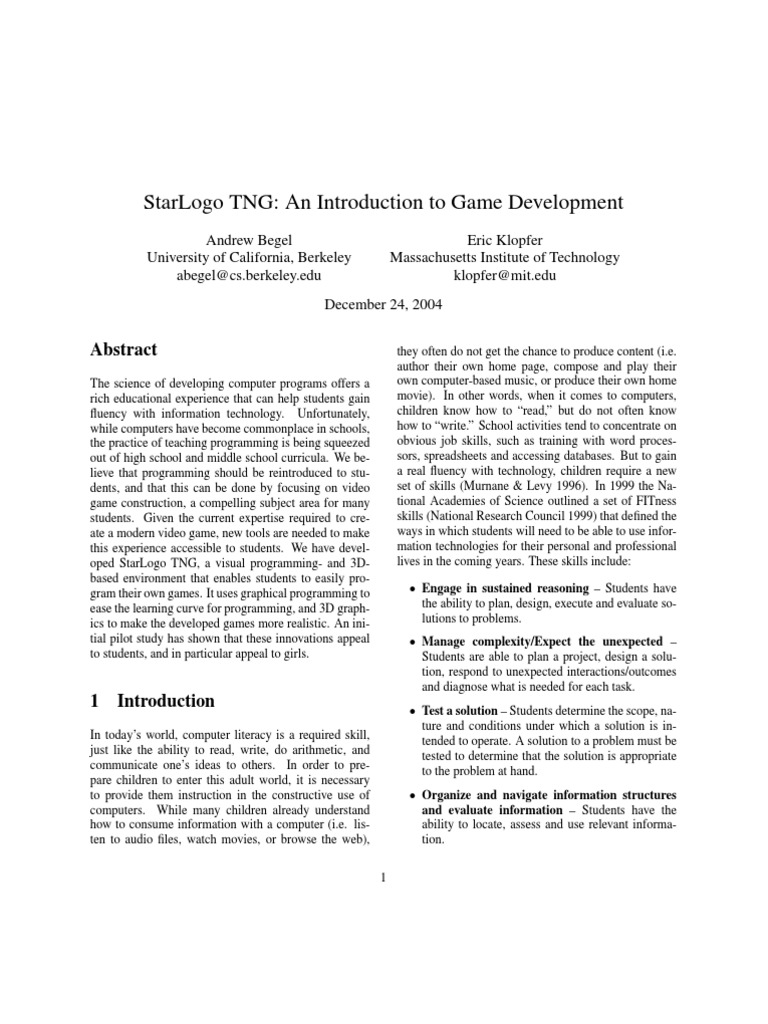 Starlogo TNG: An Introduction To Game Development | PDF | Video Games ...
