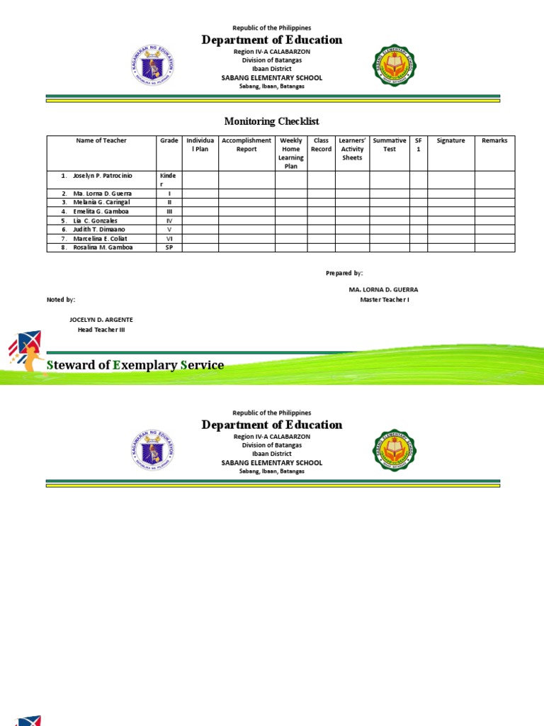 Department of Education: Monitoring Checklist | PDF