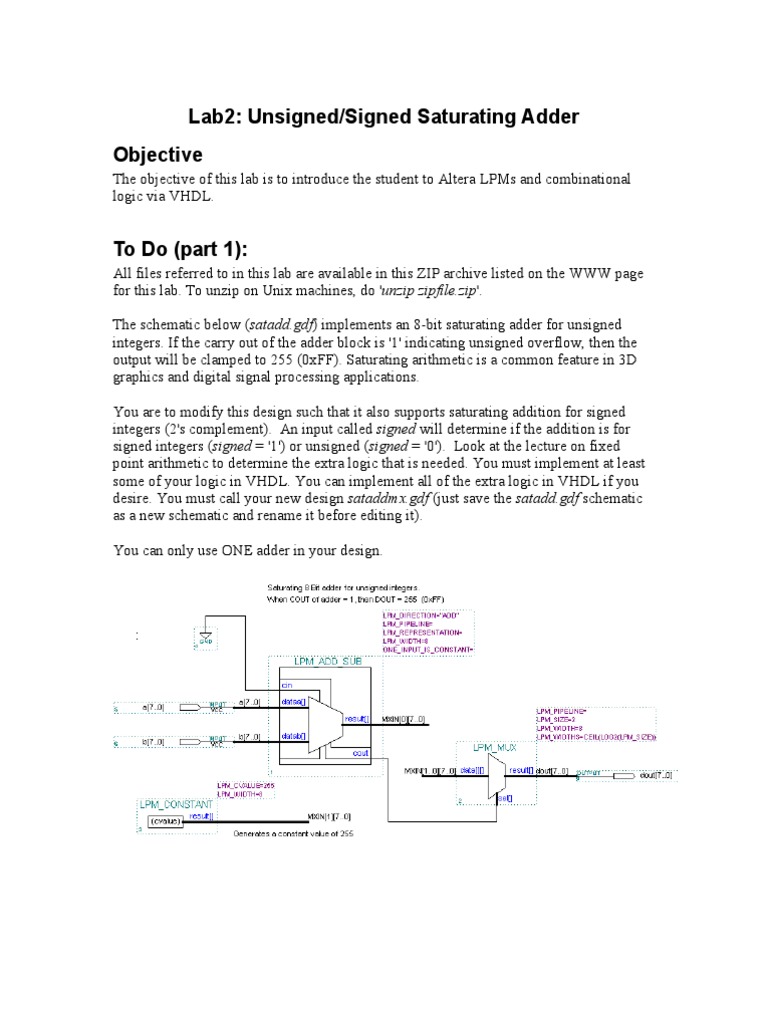 Lab2: Unsigned/Signed Saturating Adder Objective | PDF | Vhdl | Parameter (Computer Programming)