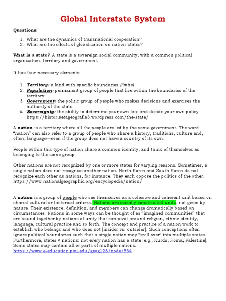 Global Interstate System: Questions | PDF | Sovereign State | Nation