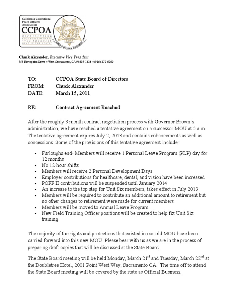 CCPOA Tentative MOU Memo | PDF