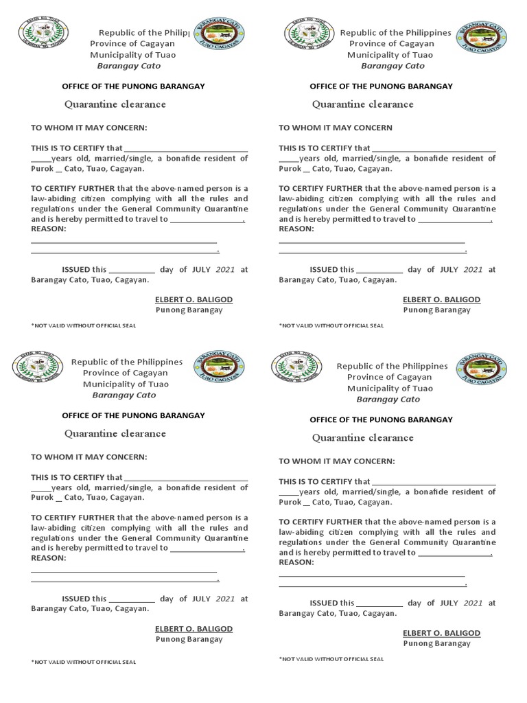 Quarantine Clearance Quarantine Clearance: Barangay Cato Barangay Cato ...