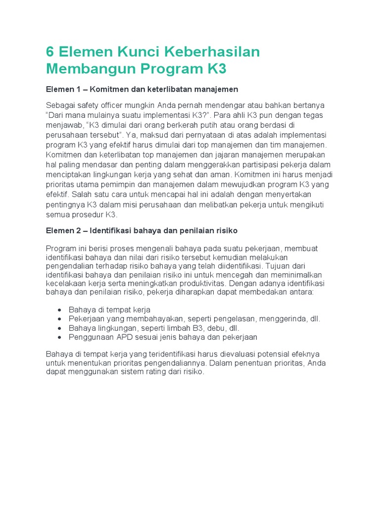 6 Elemen Kunci Keberhasilan Membangun Program K3 | PDF
