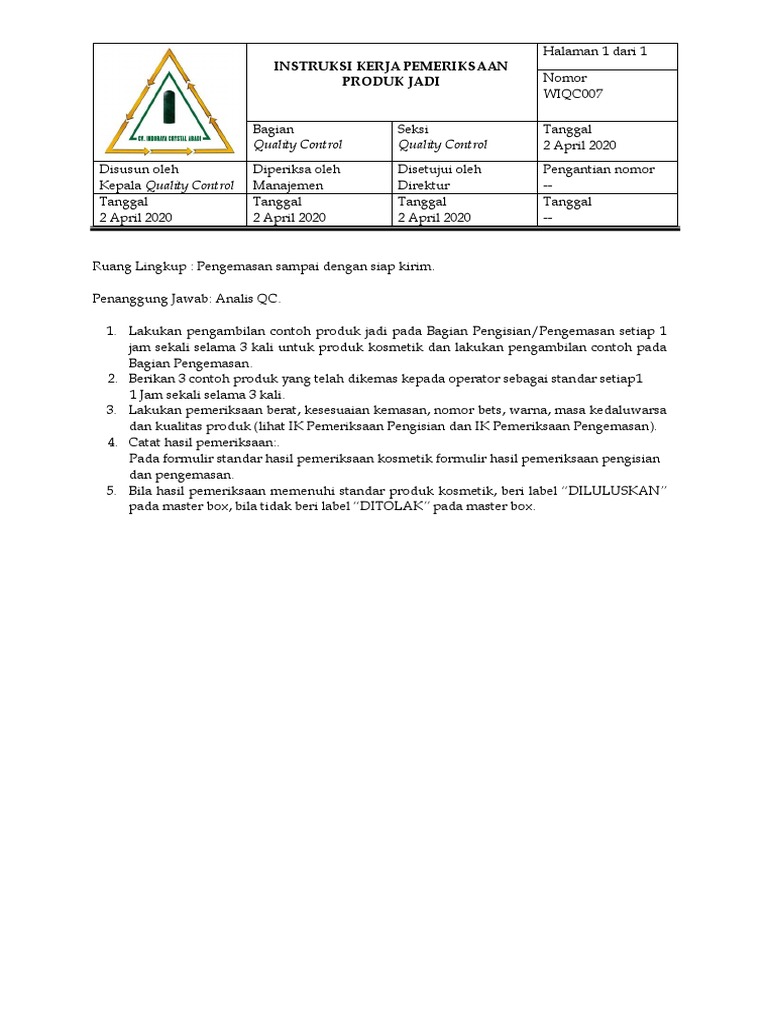 Instruksi Kerja Pemeriksaan Produk Jadi | PDF