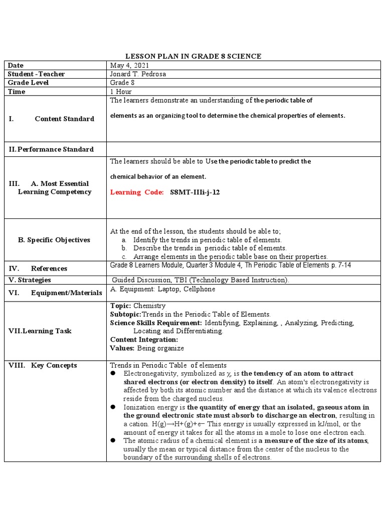 LESSON PLAN IN GRADE Trends | PDF | Periodic Table | Chemical Elements