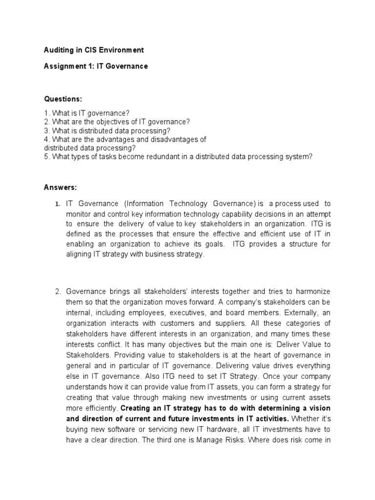 Auditing in CIS Environment Assignment 1: IT Governance | PDF | Distributed Computing | Governance