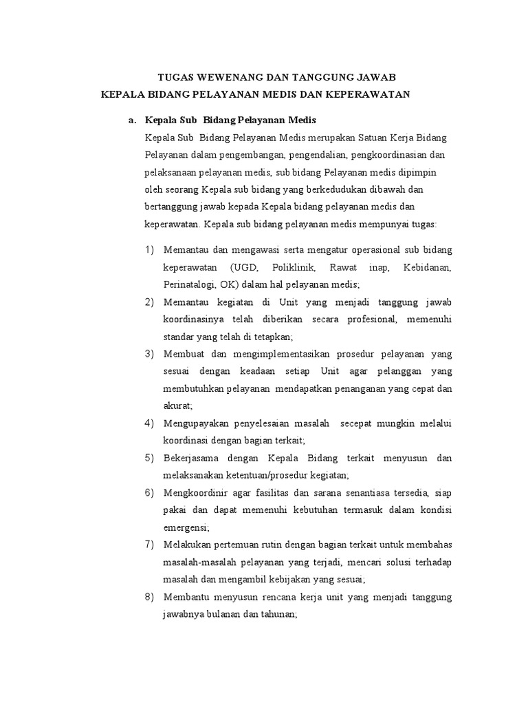 Uraian Tugas Sub Bidang Yanmed, Kep, Jangmed | PDF