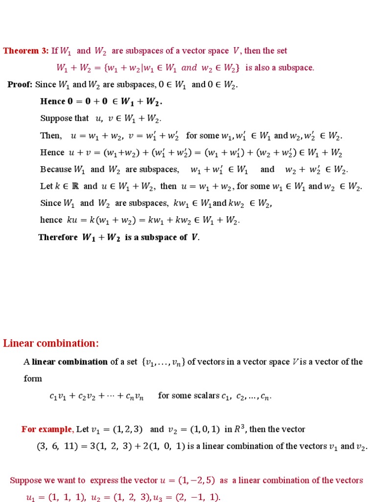 Vector Space-Notes - Linear Combinations | PDF | System Of Linear ...