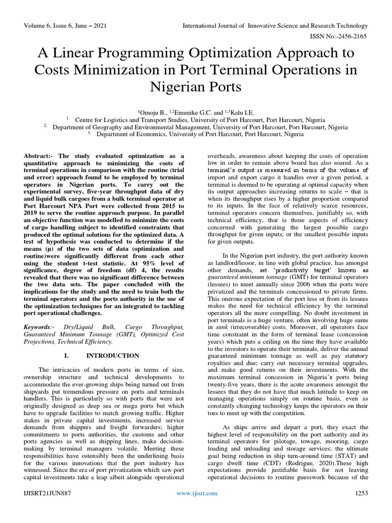 A Linear Programming Optimization Approach To Costs Minimization in Port Terminal Operations in ...