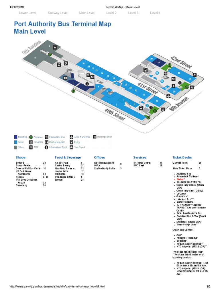 Port Authority Bus Terminal Map Main Level: Lower Level Subway Level ...