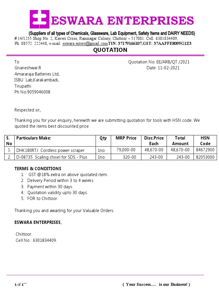 Quotation: (Suppliers of All Types of Chemicals, Glassware, Lab ...