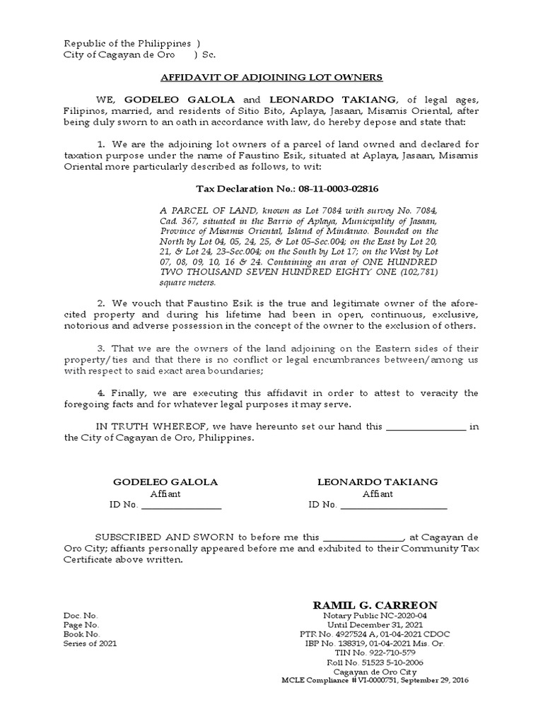 Affidavit of Adjoining Owners | PDF | Affidavit | Evidence