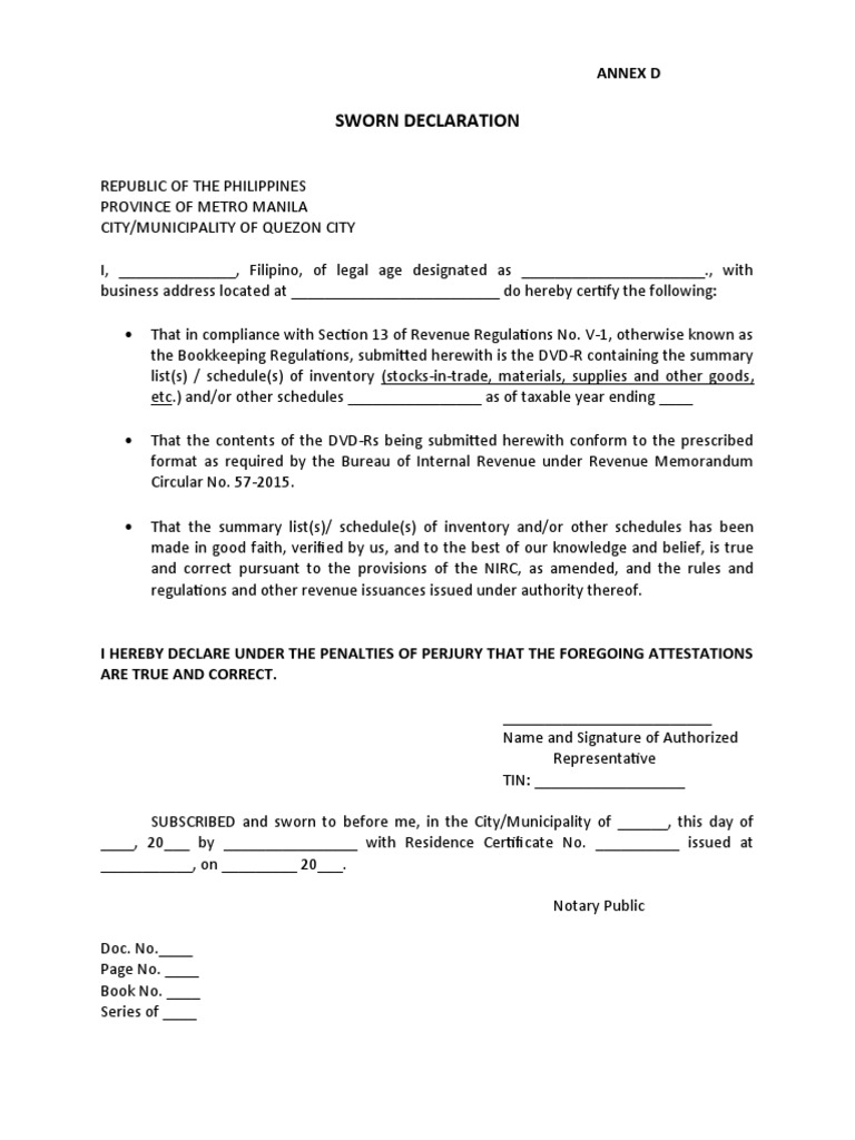 Sworn Declaration: Annex D | PDF
