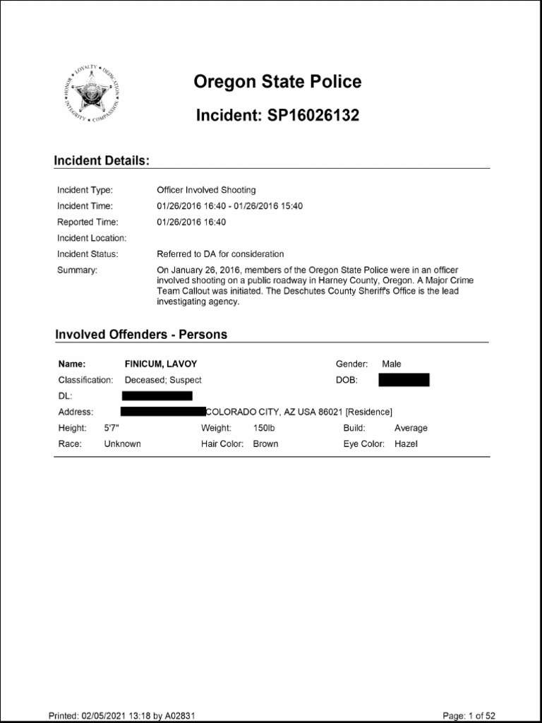 Oregon State Police Report On Finicum Shooting SP16026132 | PDF | Violence