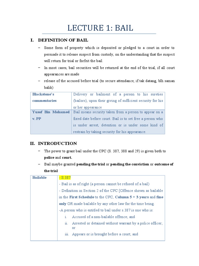 Lecture 1: Bail: I. Definition of Bail | PDF | Bail | Criminal ...