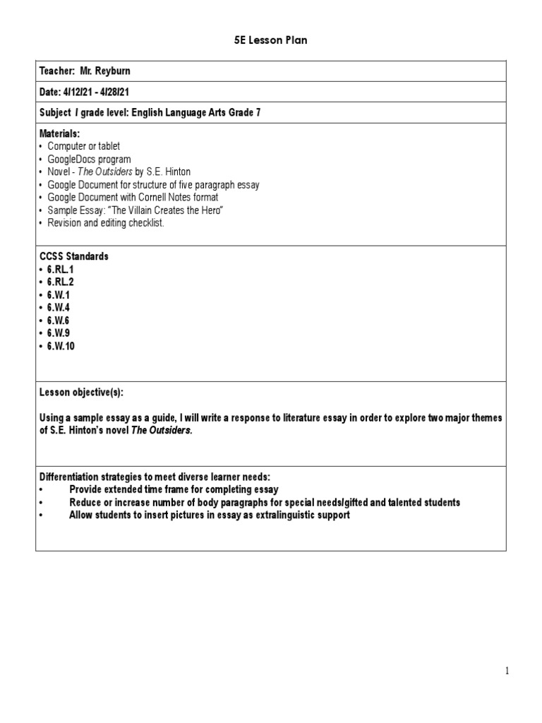 7th Grade Essay on The Outsiders | PDF | Lesson Plan | Essays
