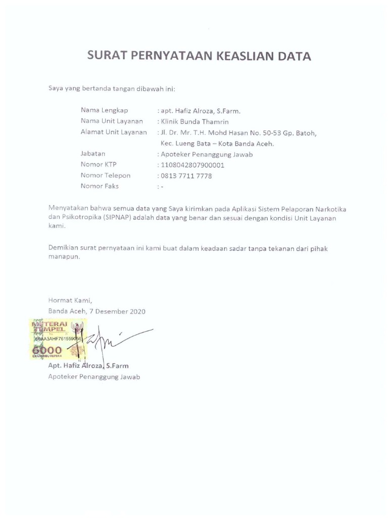 Contoh Surat Pernyataan Keaslian Data Sipnap | PDF