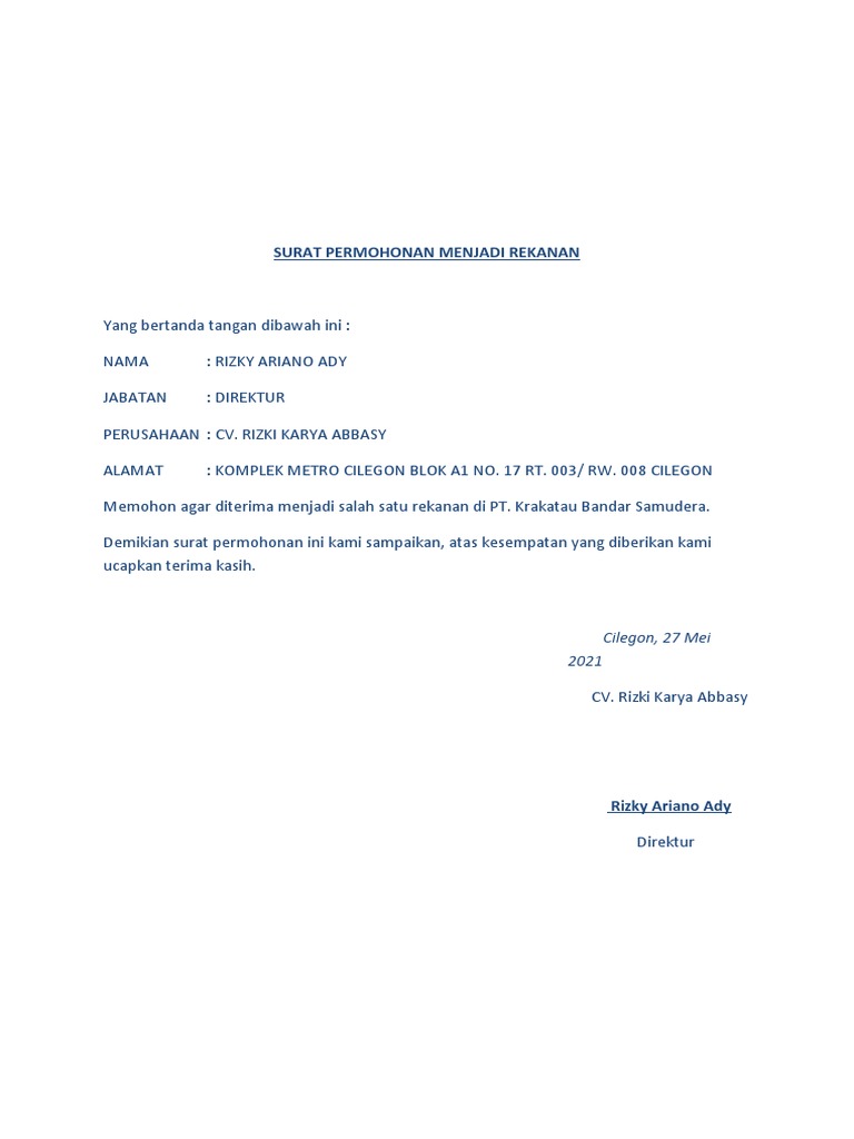 Surat Permohonan Menjadi Rekanan - Kbs | PDF