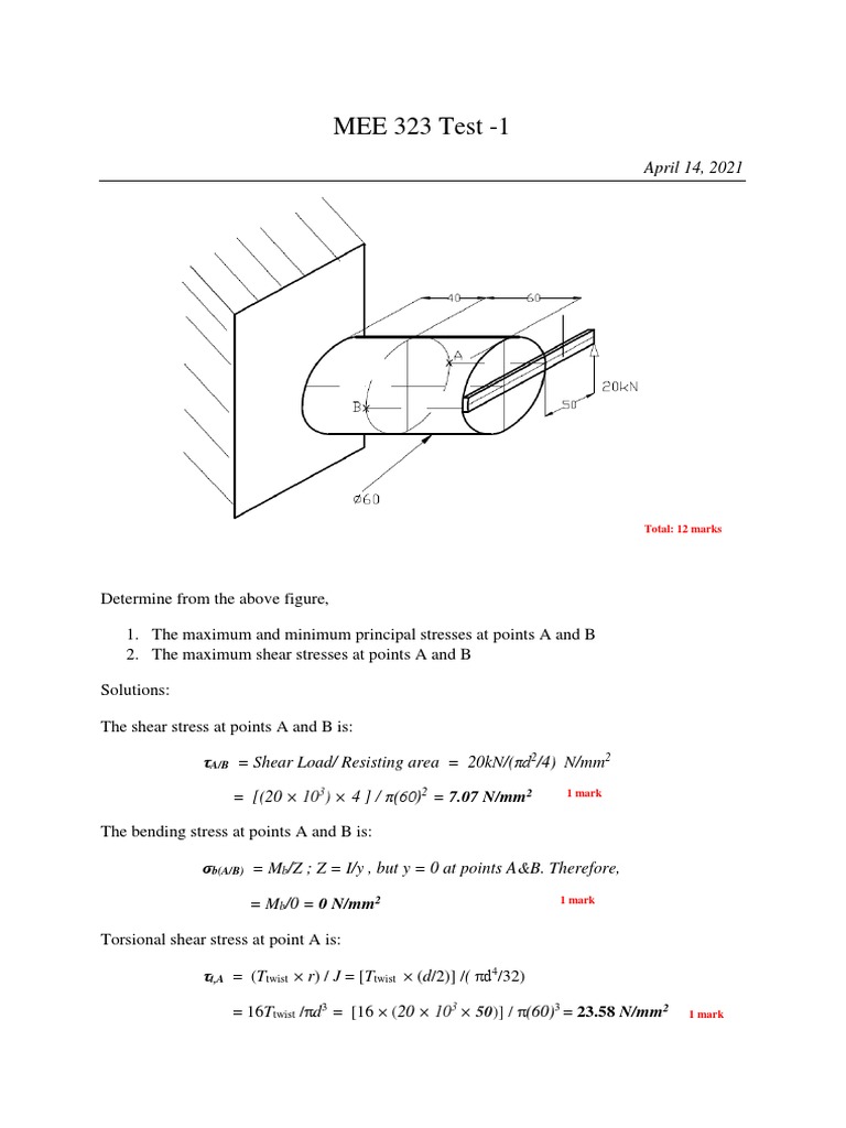 MEE 323 - Test ONE (2019&20 Session) Solution | PDF | Stress (Mechanics ...