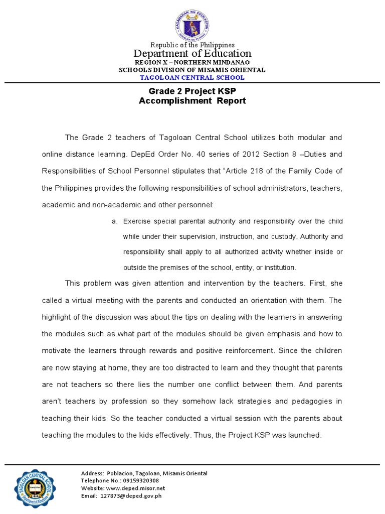 Accomplishment Report Project KSP | PDF | Teachers | Behavior Modification