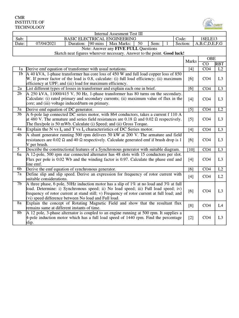 IAT3 QP BEE (18ELE13) Modified | PDF | Electric Motor | Electromagnetic ...