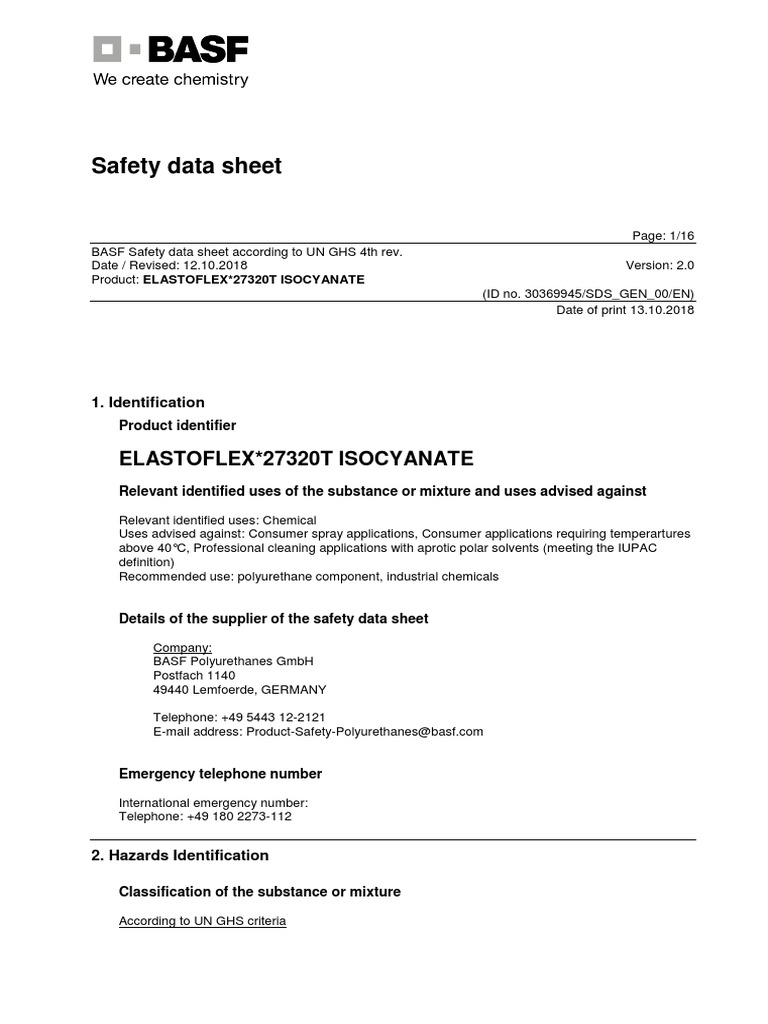 BASF ELASTOFLEX 27320T Isocyanate SDS | PDF | Toxicity | Dangerous Goods