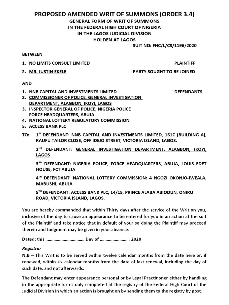 PROPOSED AMENDED WRIT OF SUMMONS - Modified | PDF | Defendant | Lawsuit