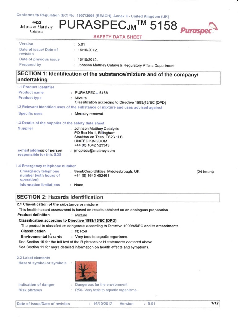 MSDS Puraspec 5158 | PDF | Personal Protective Equipment | Toxicity