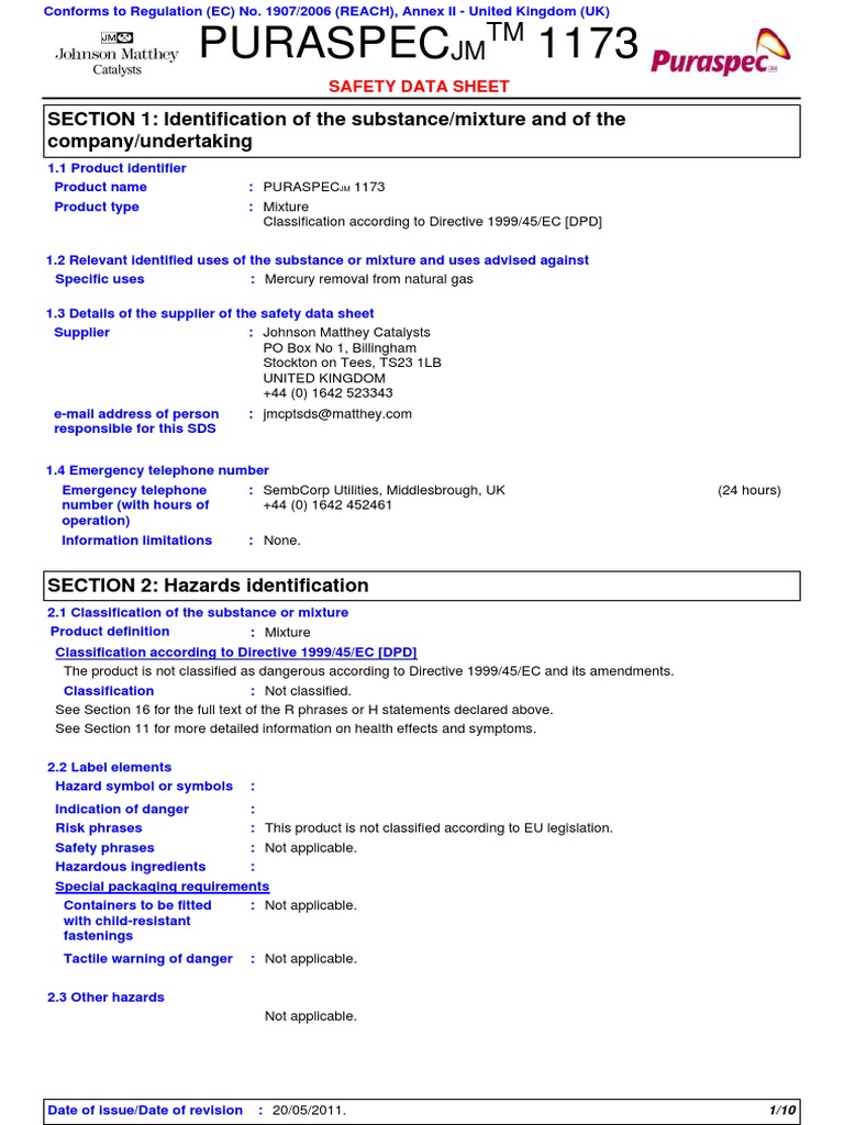 JMC MSDS Puraspec 1173 (GB) | PDF | Waste Management | Firefighting