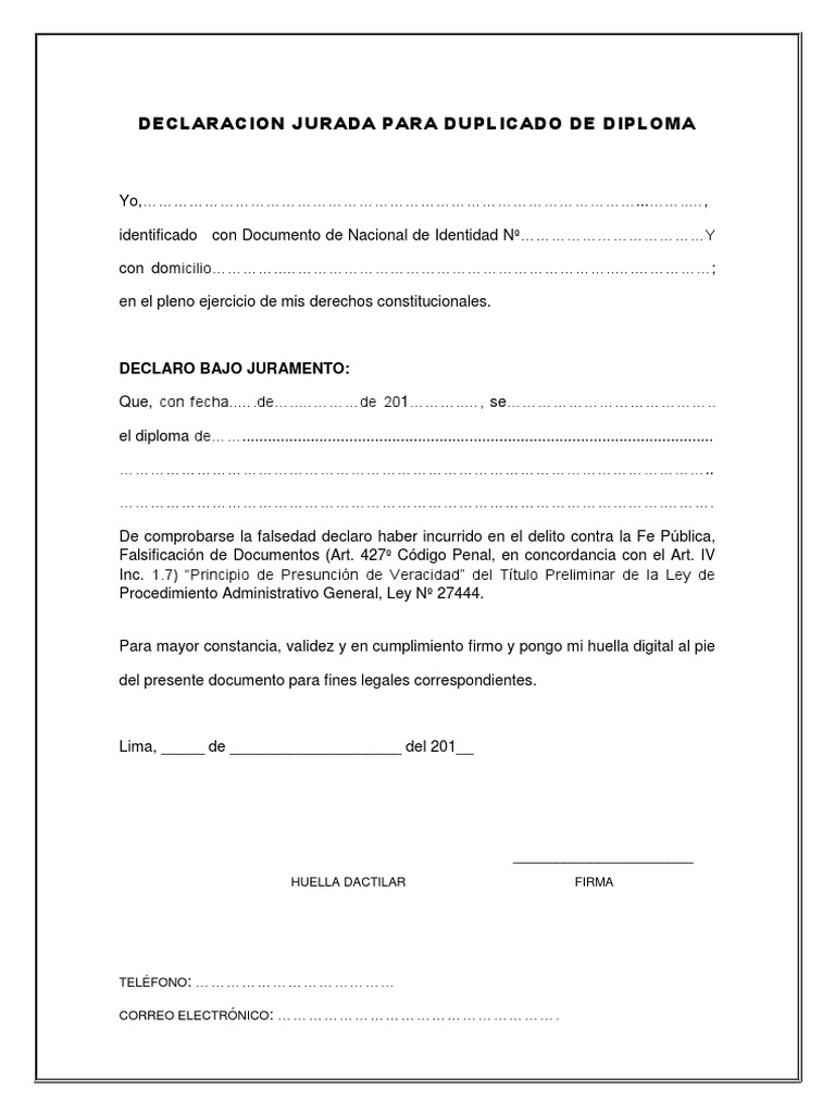 Modelo de Declaracion Jurada de Perdida o Robo de Duplicado de Diploma | PDF