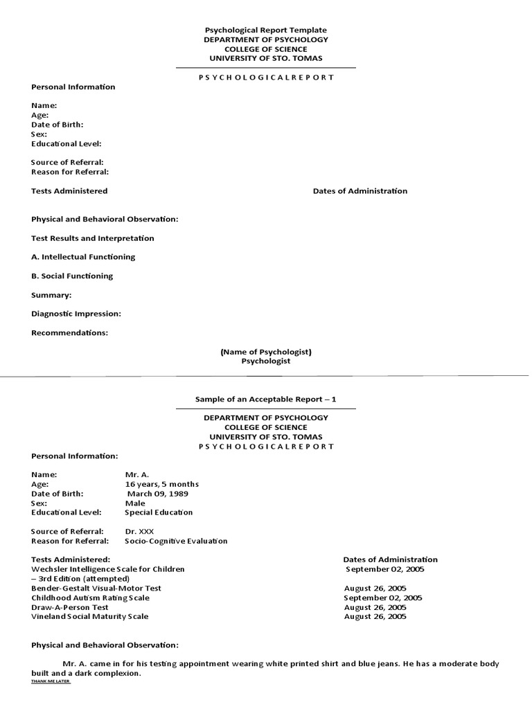 Psychological Report Template Sample | PDF | Intelligence Quotient ...