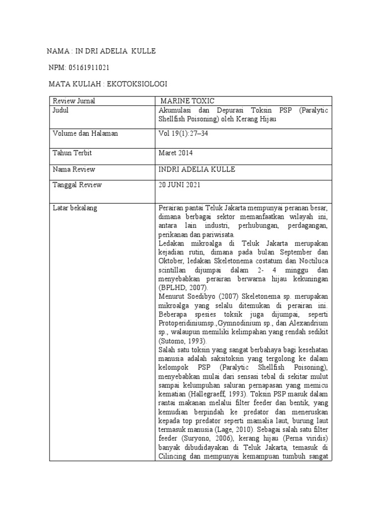 Depurasi Toksin PSP pada Kerang Hijau | PDF