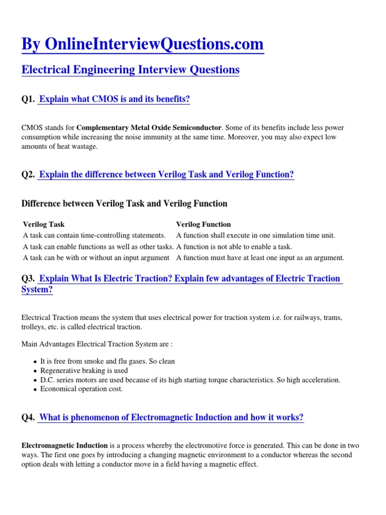 Electrical Engineering Interview Questions: Verilog Task Verilog Function | PDF | P–N Junction ...
