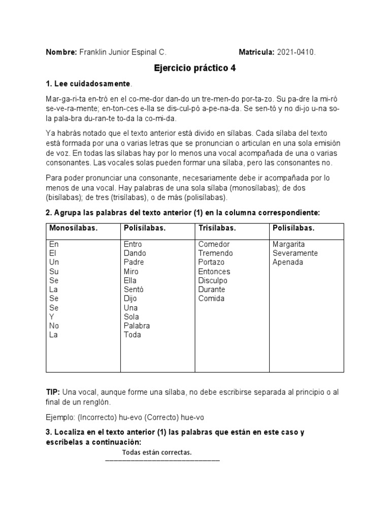 Ejercico Practico 4 de Redaccion | PDF | Sílaba | Vocal