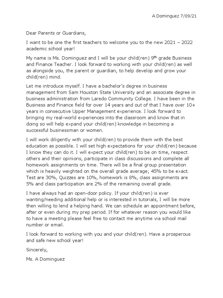 Welcome Letter from 9th Grade Teacher | PDF | Career & Growth