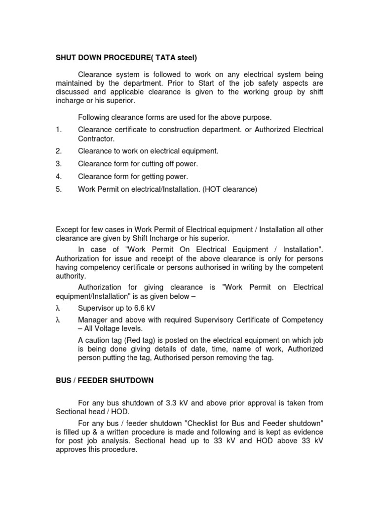 Shut Down Procedure (Tata Steel) | PDF | Electrical Substation ...