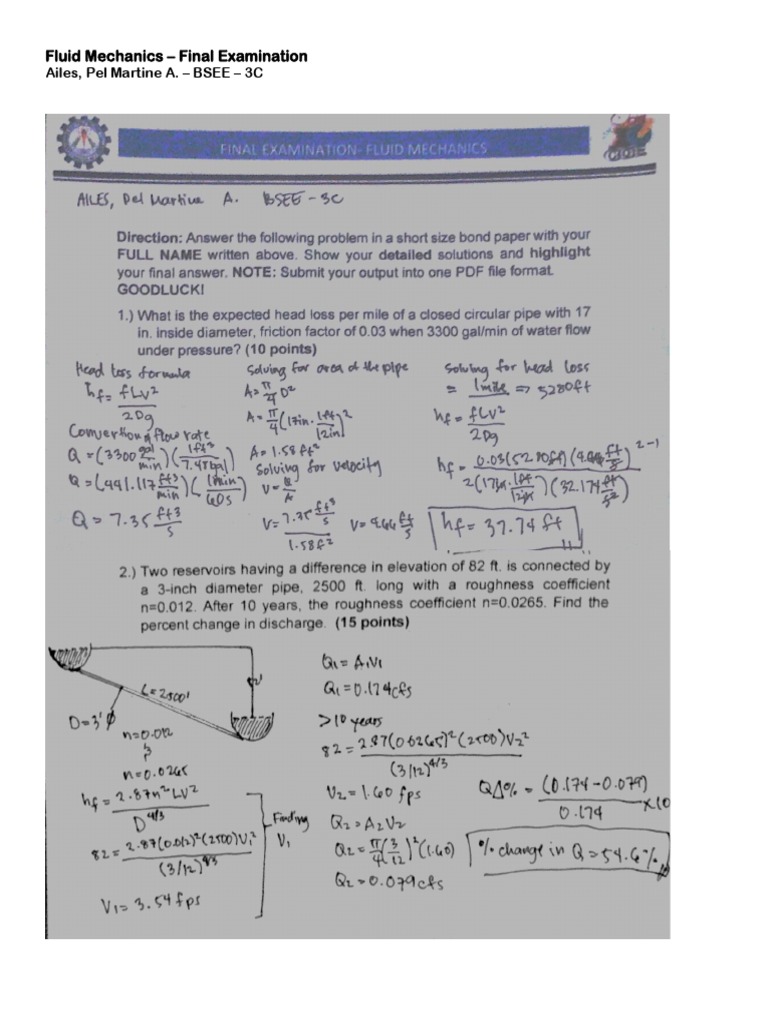 Ailes - PelMartine - A - (Fluid Mechanics - Final Exam) | PDF