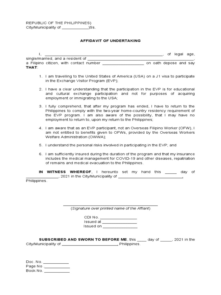 Affidavit of Undertaking For J1 Visa Holders 05242021 | PDF