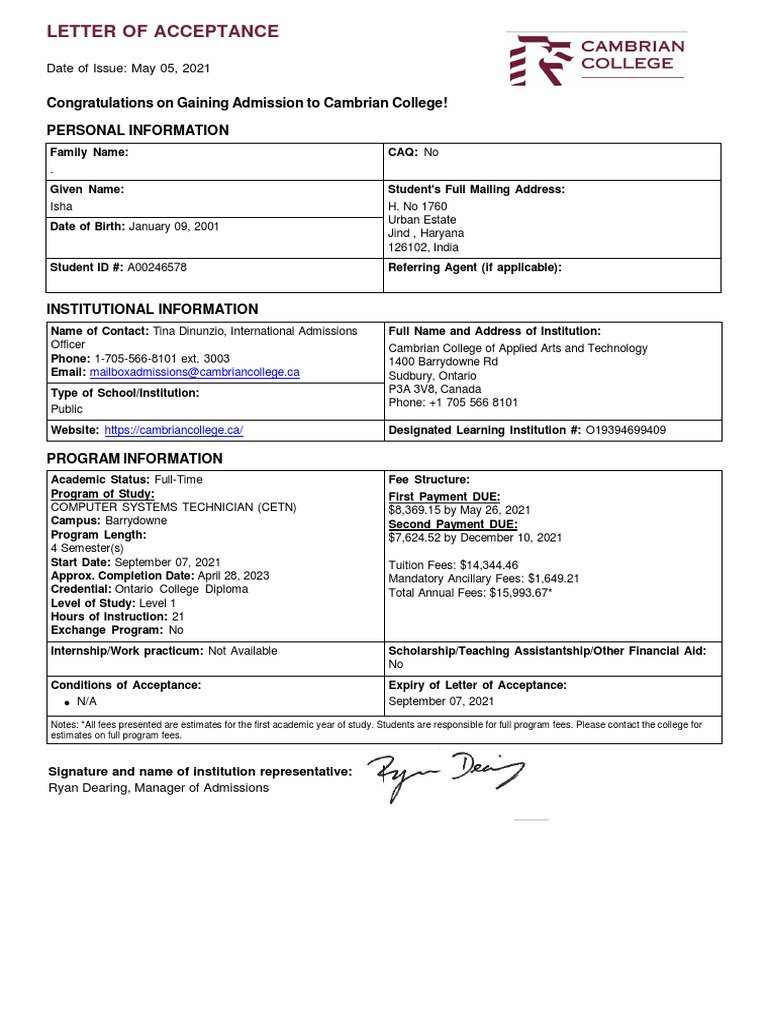Letter of Acceptance: Congratulations On Gaining Admission To Cambrian ...
