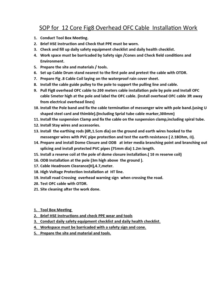 OFC Cable Installation SOP | PDF | Manufactured Goods | Building ...