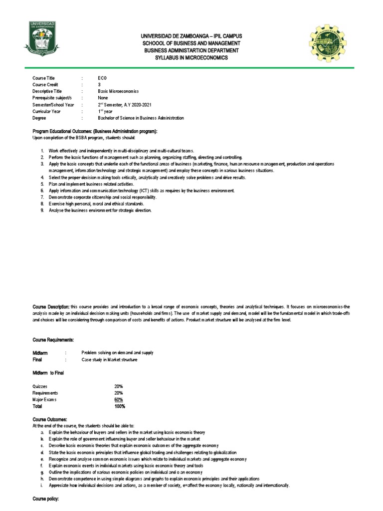 Syllabus in Basic Microeconomics | PDF | Economics | Profit (Economics)