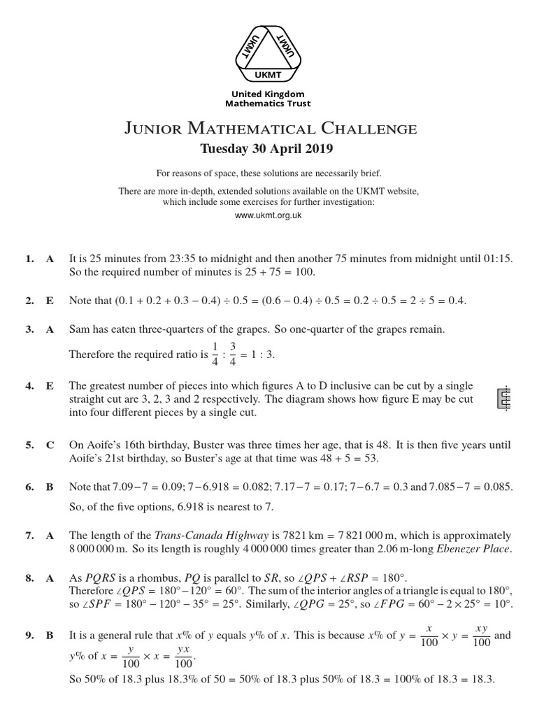 Junior Mathematical Challenge: Tuesday 30 April 2019 | PDF | Triangle ...