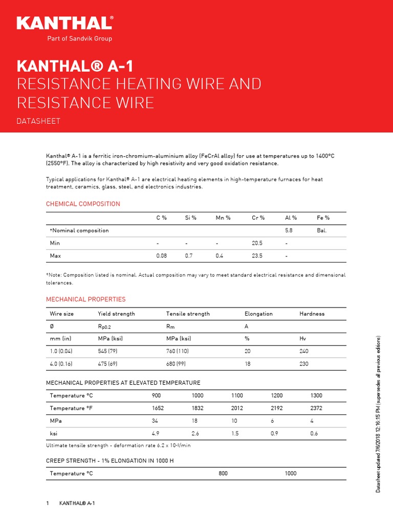 Datasheet-Kanthal-A-1-En-V2018-07-06 12 - 16 Version 1 | PDF | Strength ...
