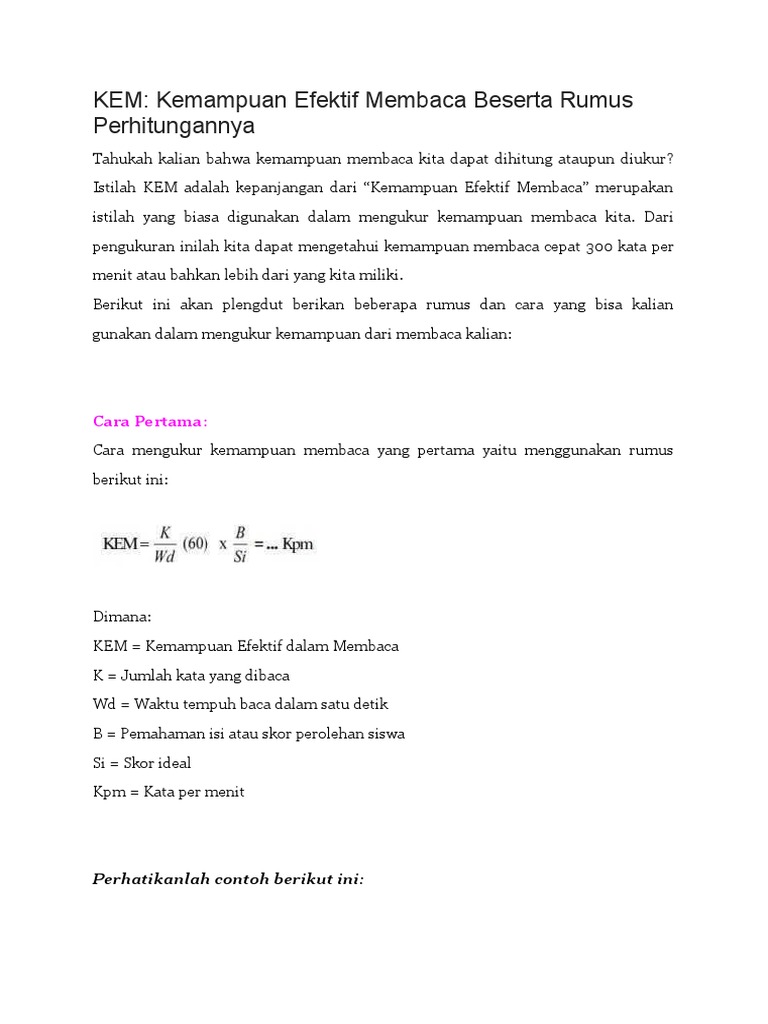 KEM: Kemampuan Efektif Membaca Beserta Rumus Perhitungannya: Cara Pertama | PDF | Karier ...