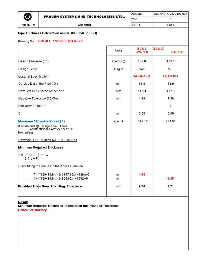 Progen: Pipe Thickness Calculation As Per IBR 350 Eqn. | PDF | Gas ...