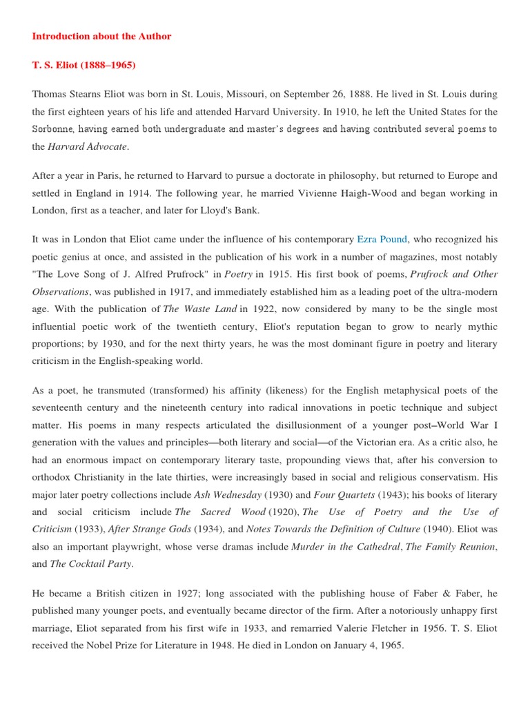 Introduction About T.S. Eliot | PDF | T. S. Eliot | Poetry