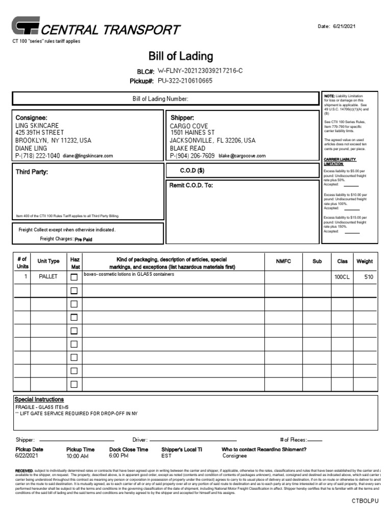 Central Transport: Bill of Lading | PDF | Cargo | Trade