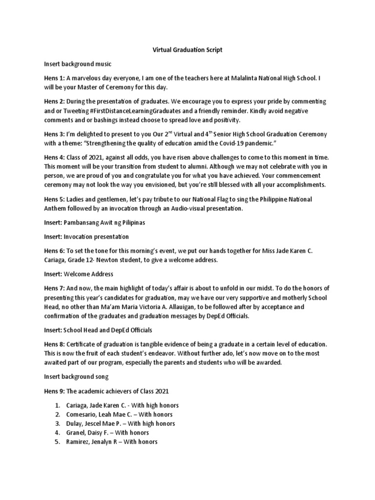 Edited Virtual-Graduation-Script-2020-2021 | PDF | Wellness