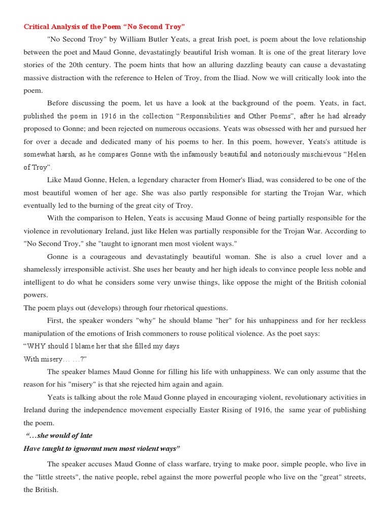 Critical Analysis of The Poem | PDF | W. B. Yeats | Helen Of Troy